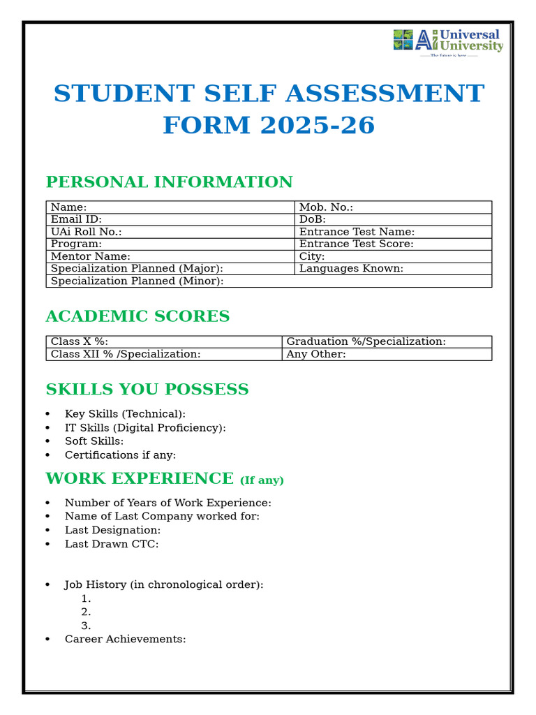 Student Self Assessment Form 2025-26 | PDF