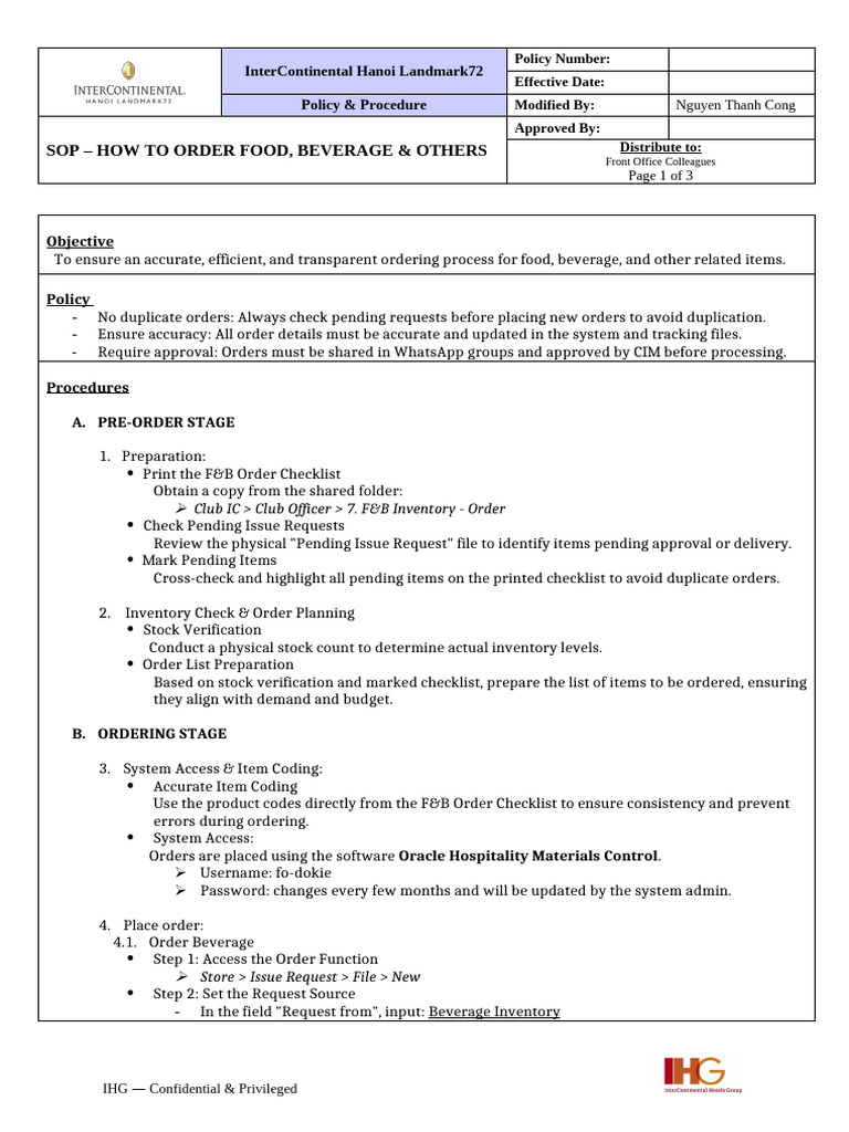 Food & Beverage Ordering SOP | PDF | Computing