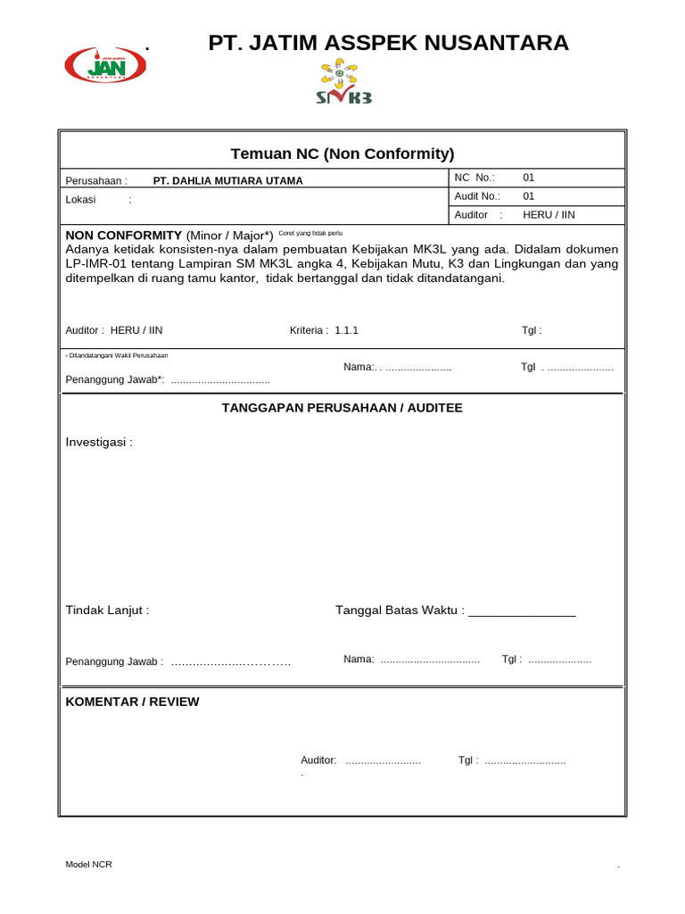 Form NCR Pt. Dahlia Mutiara Utama | PDF