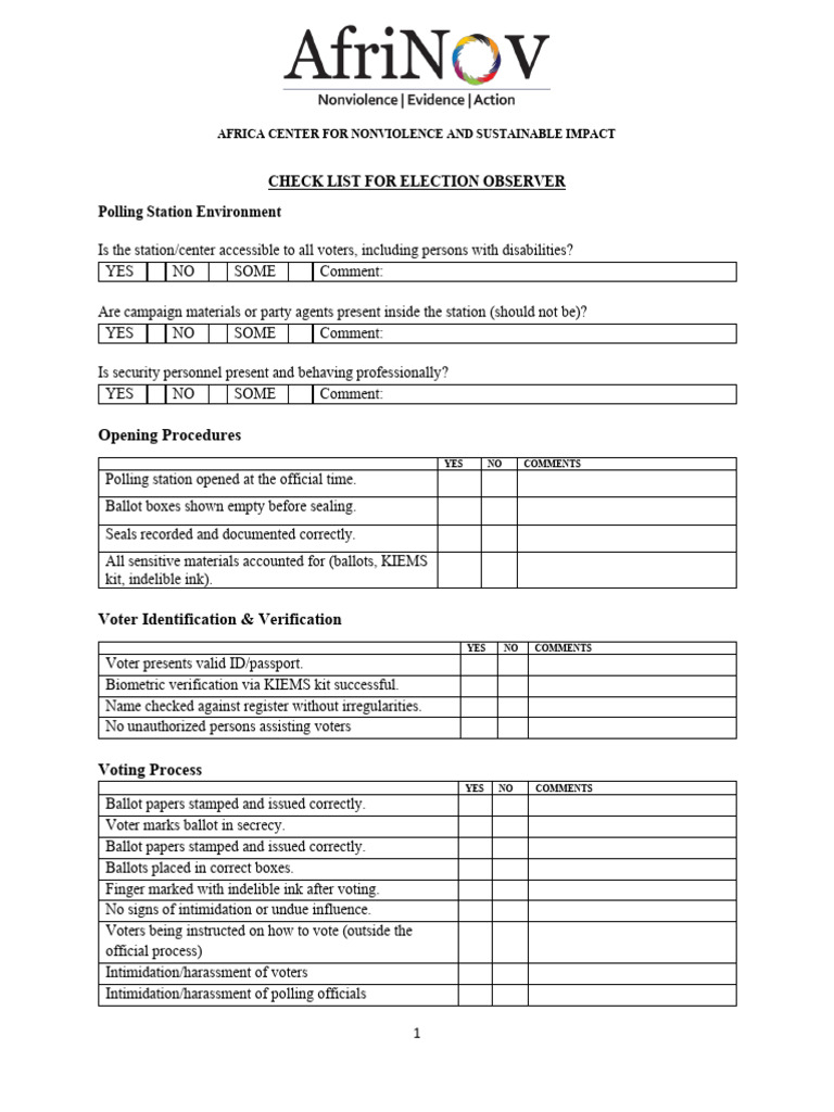 Election Observer Checklist Guide | PDF | Electoral Fraud | Ballot