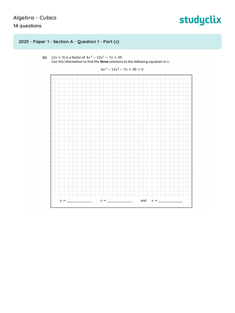 Algebra - Cubics Questions From StudyClix | PDF