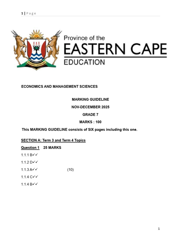 Grade 7 Economics Marking Guideline | PDF | Entrepreneurship | Capital ...