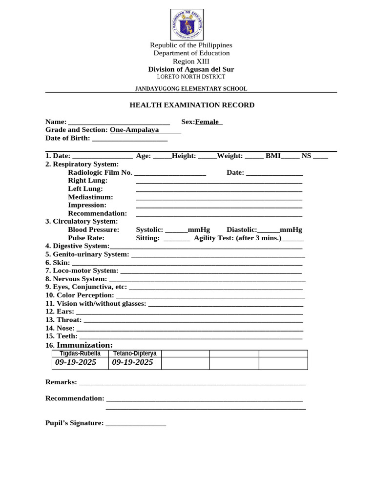 Health Examination Record for Students | PDF