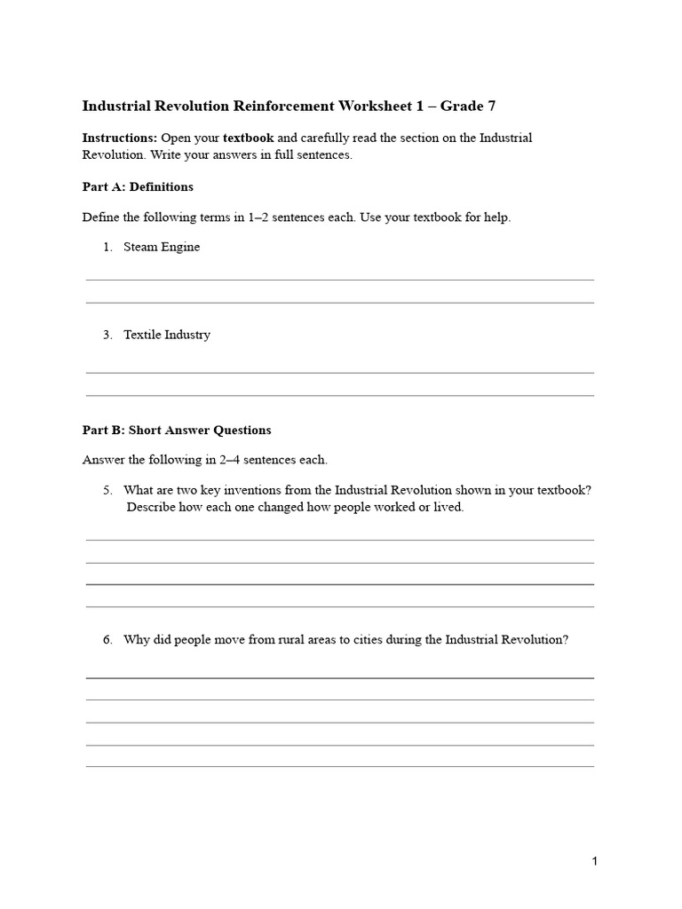 Industrial Revolution Worksheet for Grade 7 | PDF