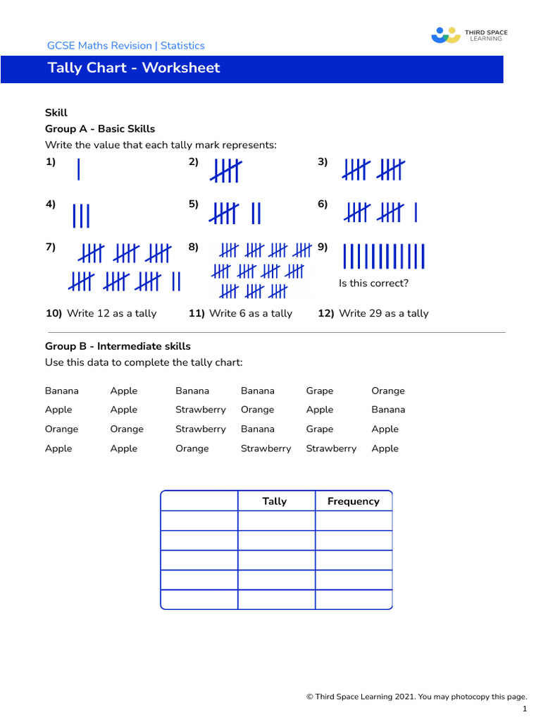 Third Space Learning Tally Chart GCSE Worksheet | PDF