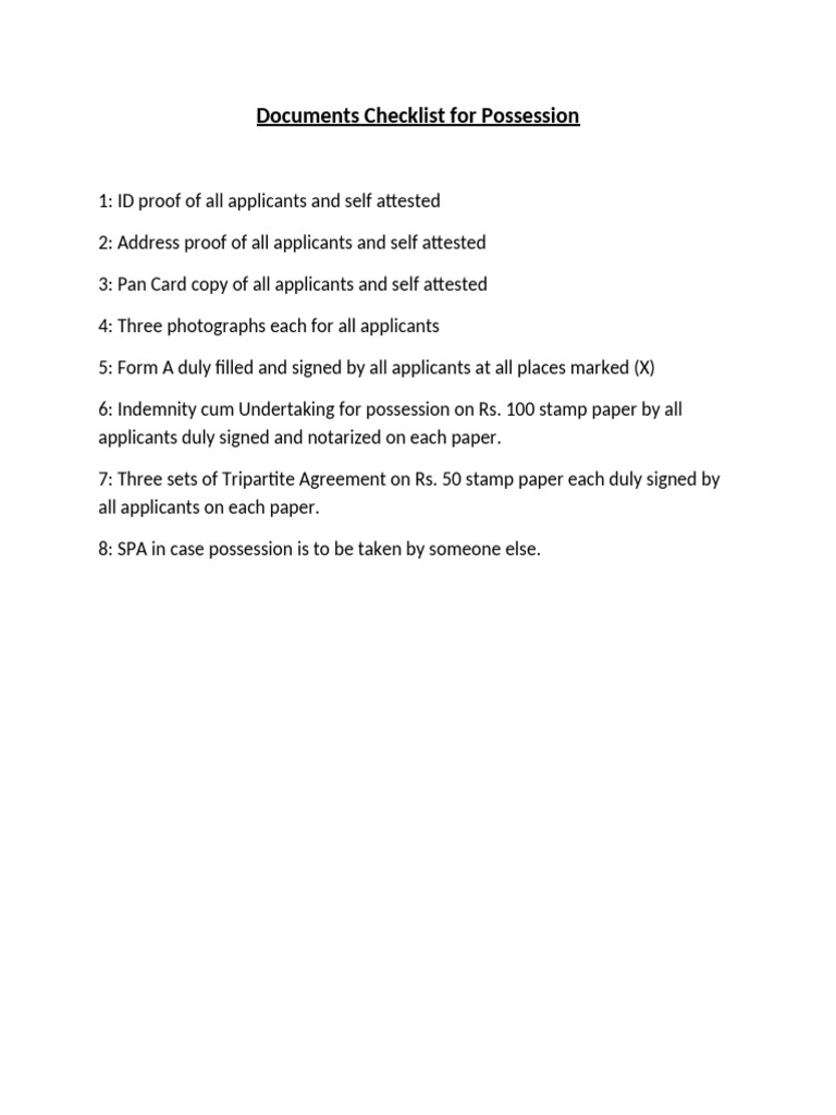 Possession Documents Checklist | PDF