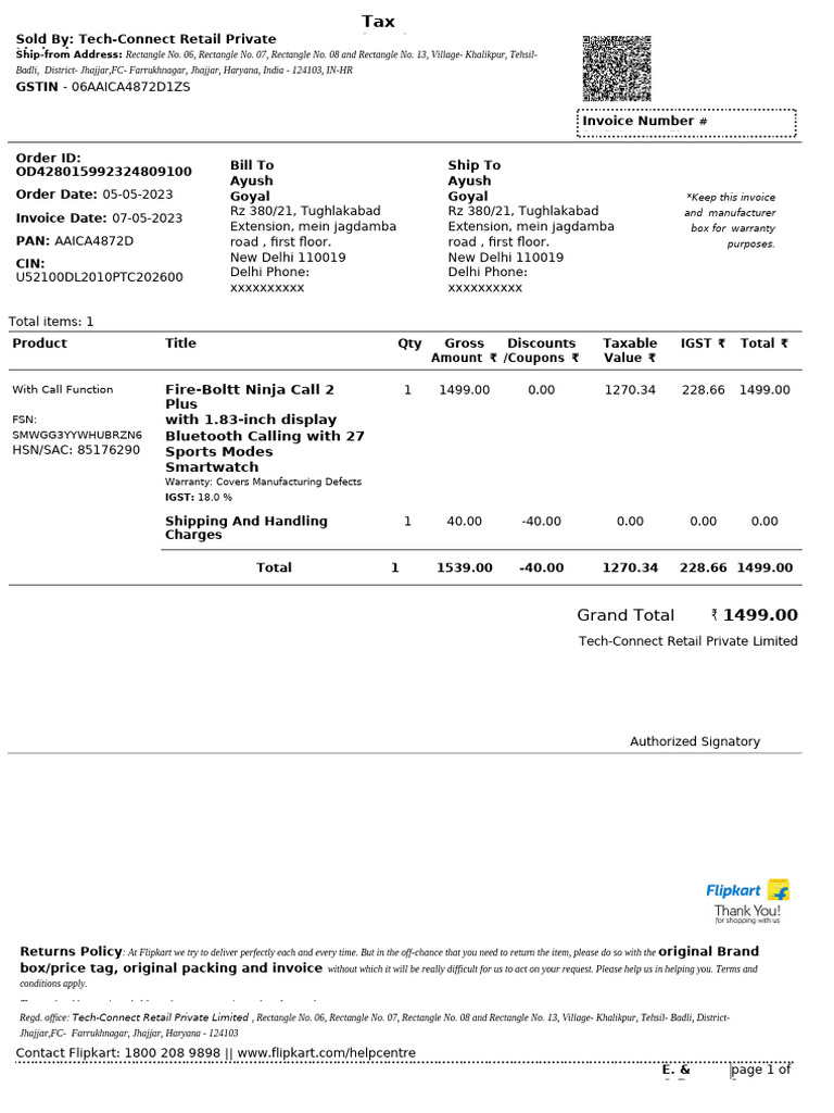 Tax Invoice for Fire-Boltt Smartwatch | PDF | Payments