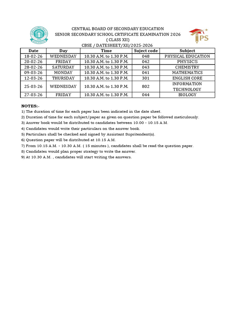 CBSE Class XII Exam Datesheet 2026 | PDF