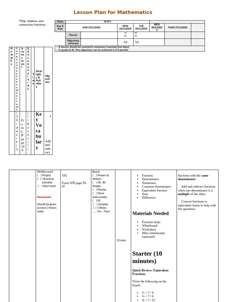 Lesson Plan For Mathematics: Ke y Vo Ca Bu Lar y | PDF | Arithmetic ...