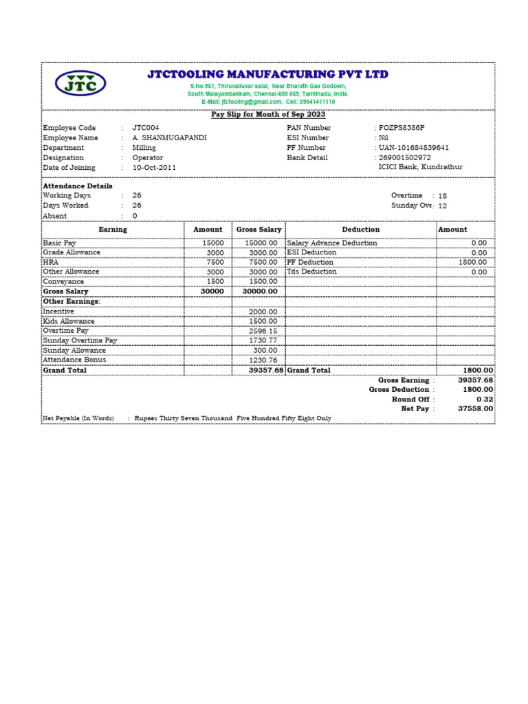 JTC Salary Slip Sep 2023 - Shanmugapandi | PDF | Labor | Workplace