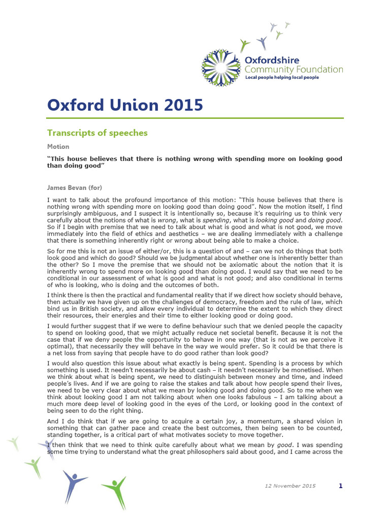Oxford Union 2015 Speech Transcripts v2 | PDF | Philanthropy | Self Esteem