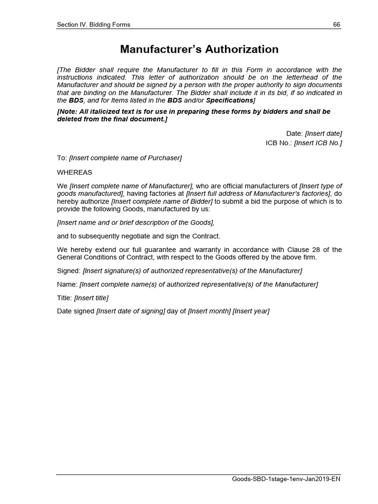 Manufacturer's Authorization Form Template | PDF