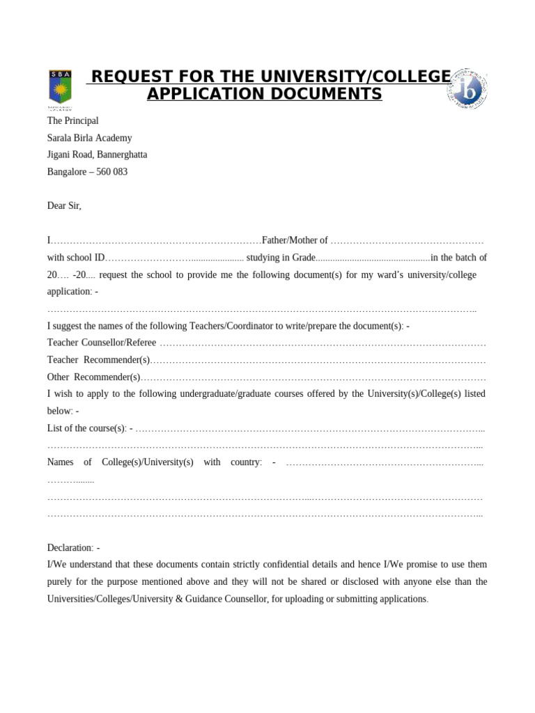 Sba - Application Form For University-College Admission Documents | PDF