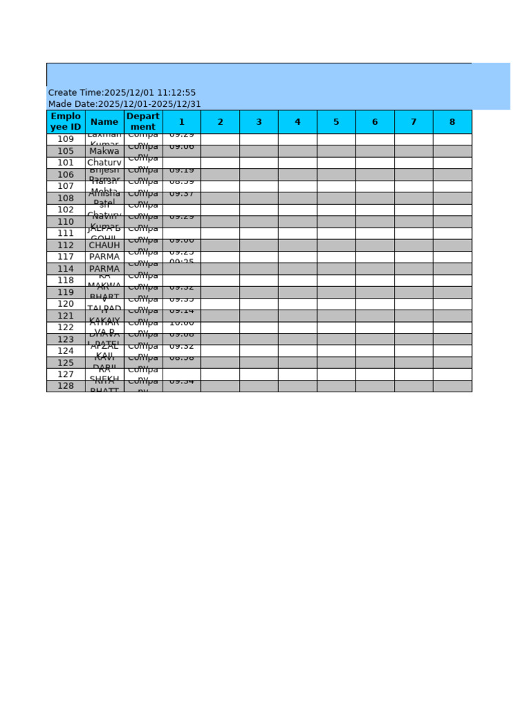 December 2025 Employee Attendance Log | PDF
