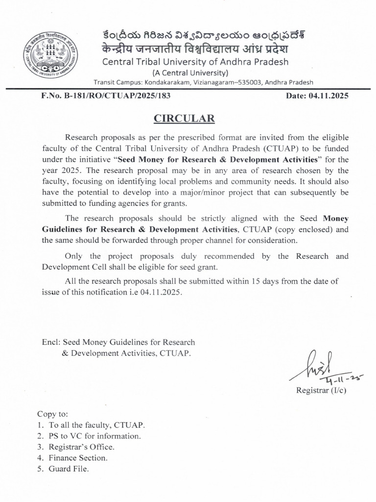 Circular On Seed Money Guidelines For Research and Development ...