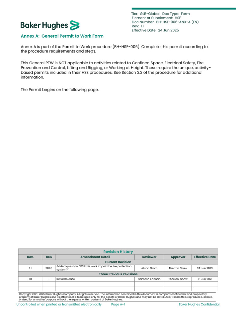 General Permit to Work Form HSE 1.1 | PDF | Hazards | Personal ...