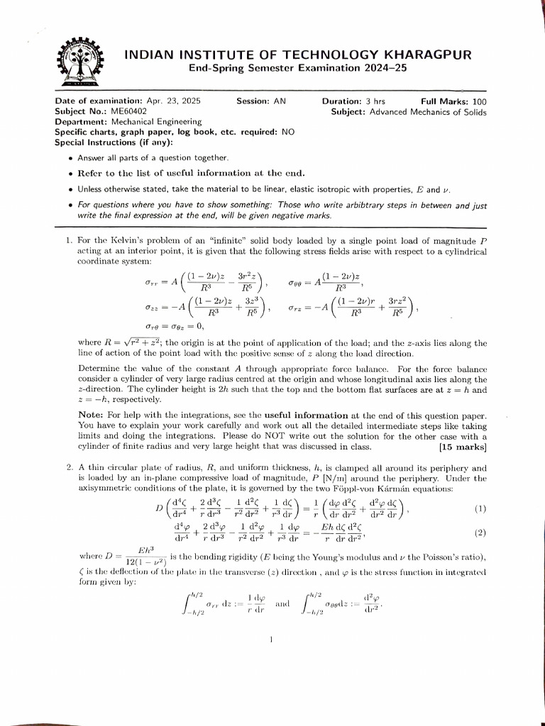 IIT Kharagpur ME60402 Exam Paper 2025 | PDF | Bending | Buckling