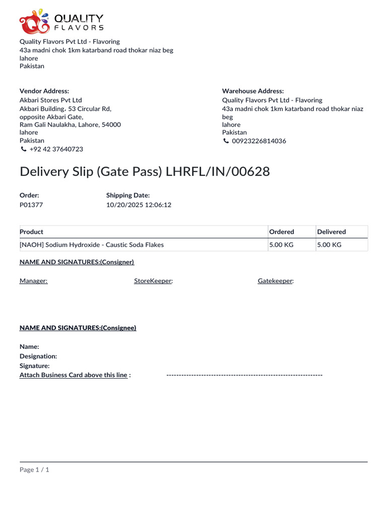 Delivery Slip - Akbari Stores PVT LTD - LHRFL - IN - 00628 | PDF