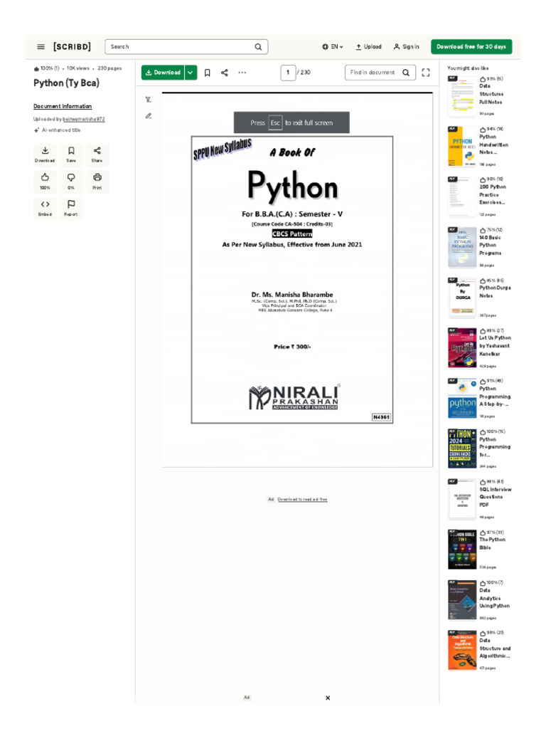 WWW Scribd Com Document 706559193 Python Ty Bca | PDF | Microsoft Excel ...