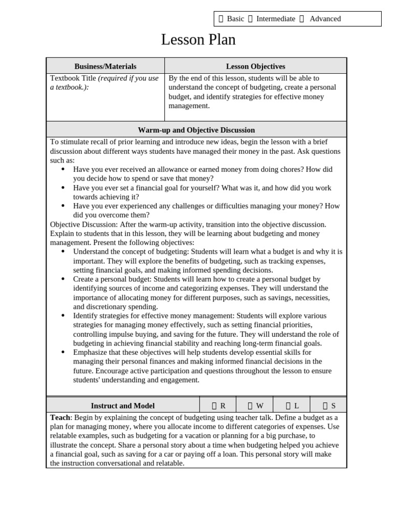 Lesson Plan | PDF | Budget | Expense