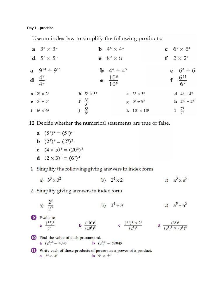 Index Laws HW Day 1 To Day 4 | PDF