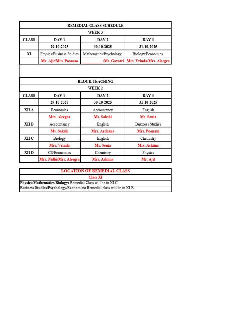 Remedial and Block Teaching Schedule | PDF