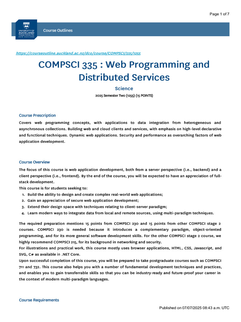 COMPSCI 335 - 2025 Semester Two - Course Outline | PDF | Web ...