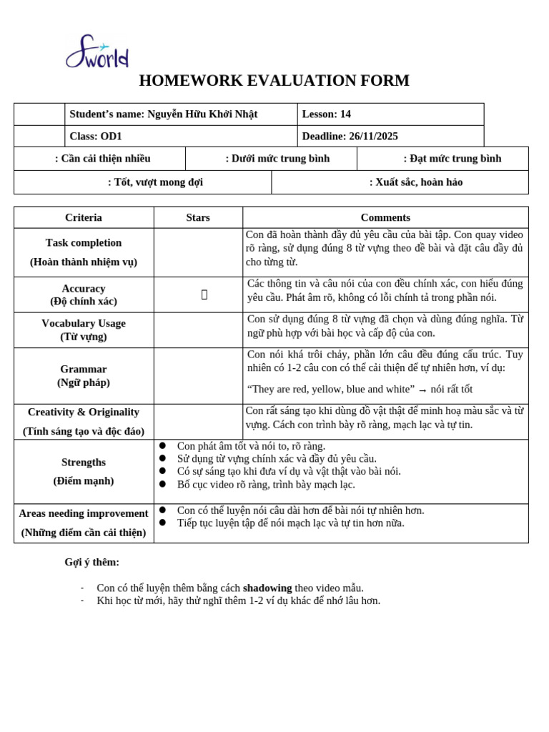 Od1 Homework Feedback - khởi Nhật | PDF