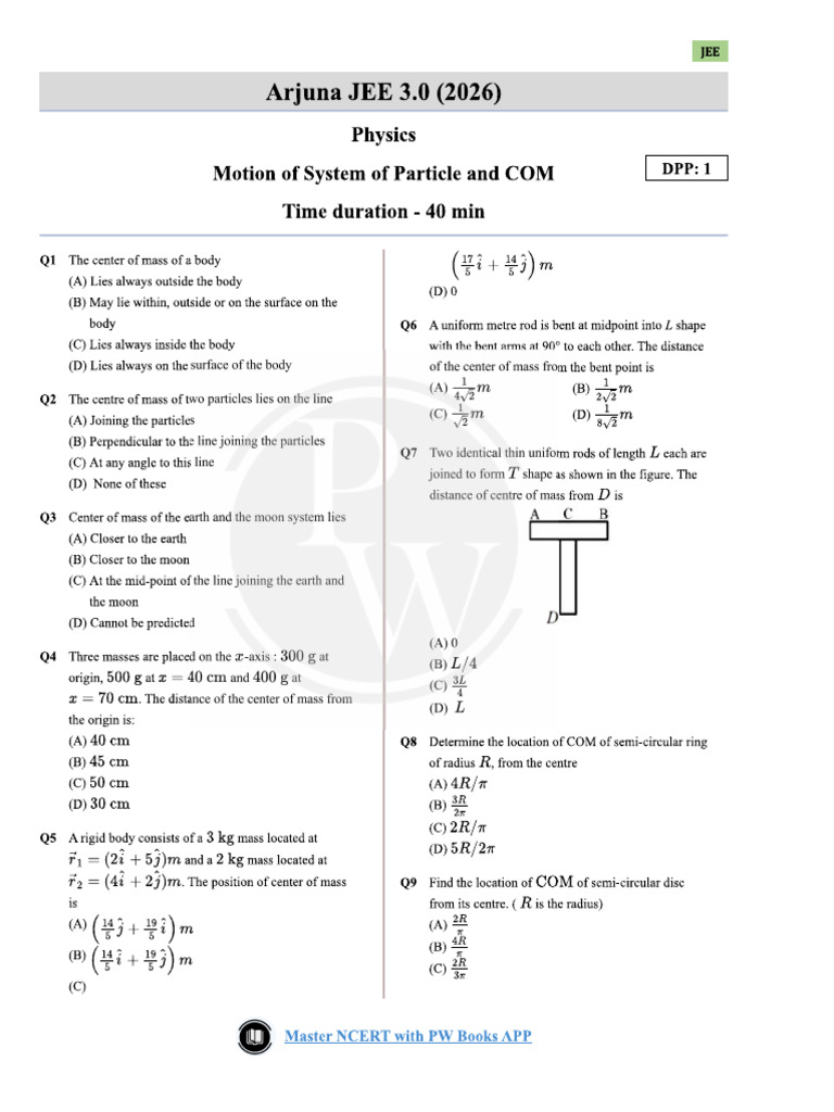 Motion of System of Particle and COM - DPP 01 (Of Lec 02) | PDF