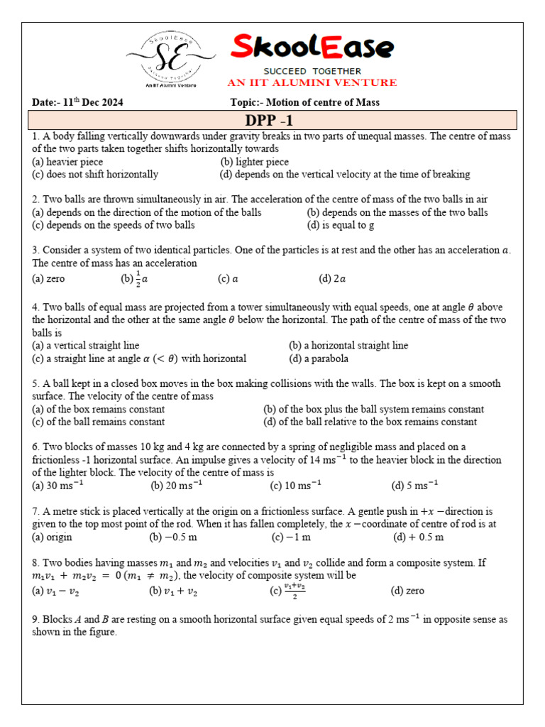 Physics - DPP 1 - Motion - of - Centre of Mass - Gunjan Sir | PDF ...