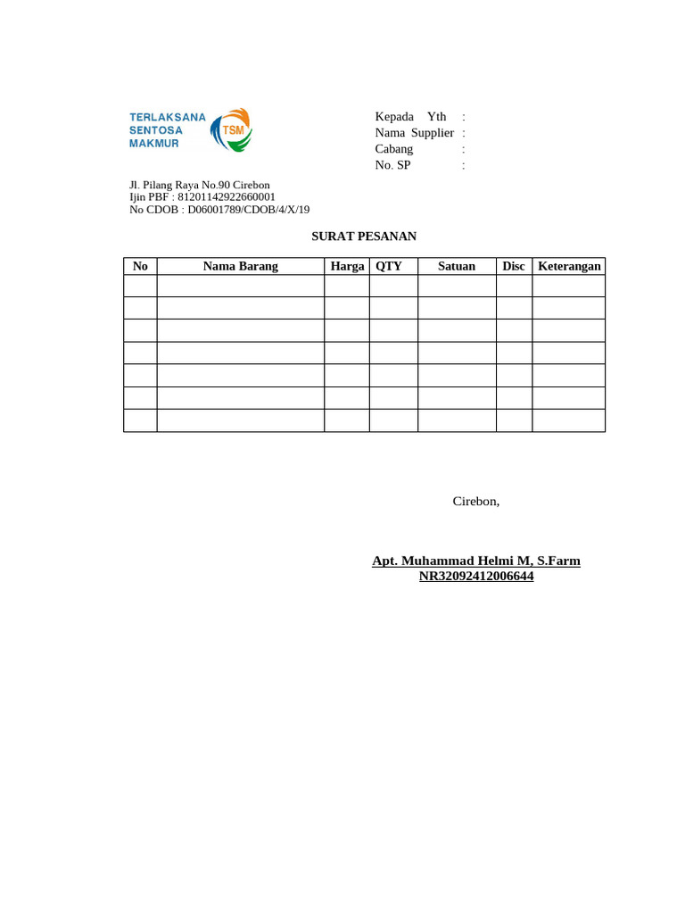 Form Surat Pesanan TSM | PDF