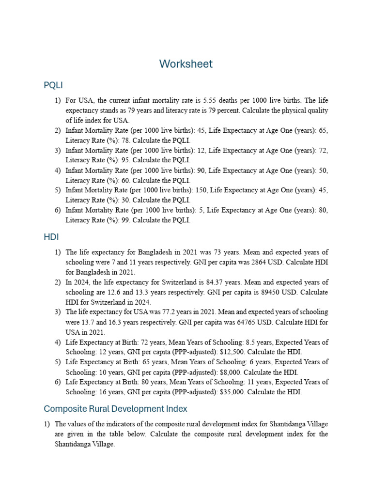 PQLI, HDI, and Rural Development Index Calculations | PDF | Human ...