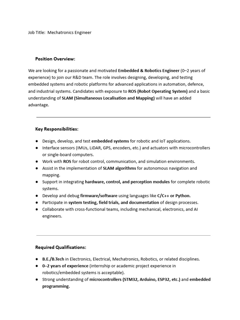 JD - Electronics & Embedded Engineer 0-2 Years Experience | PDF