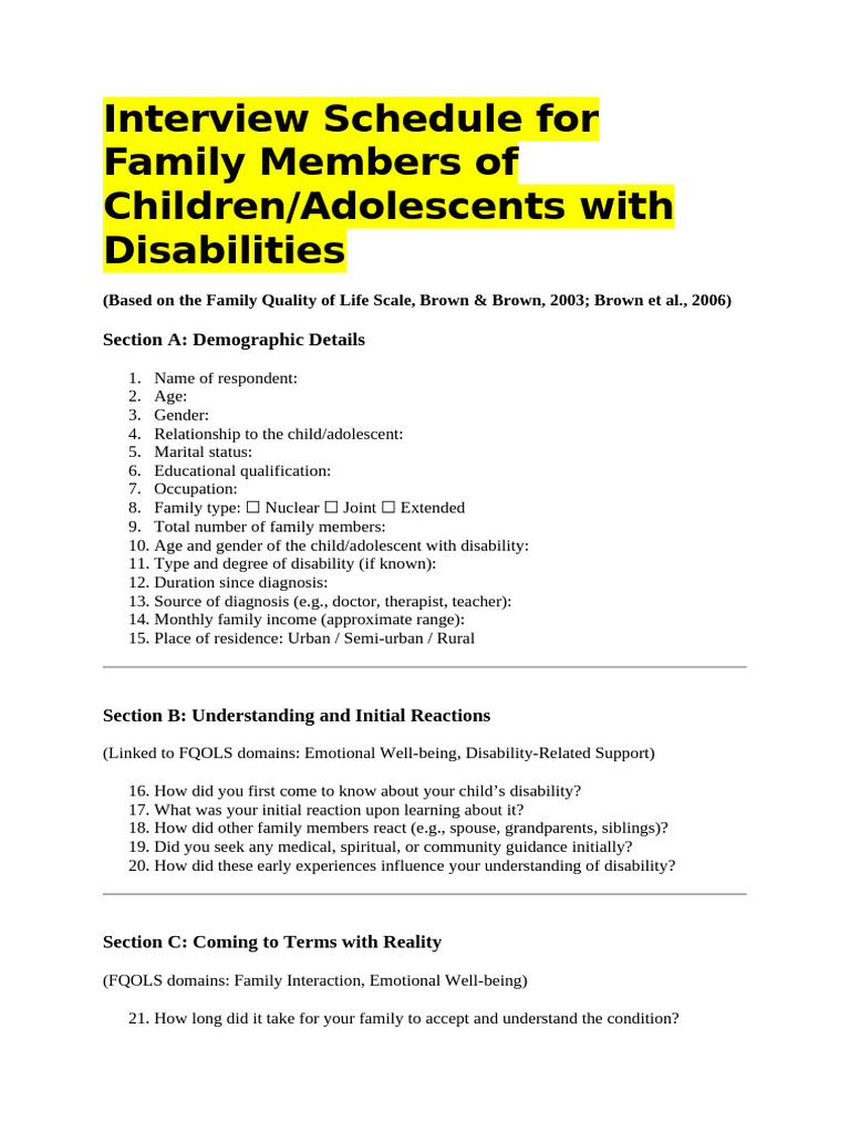 Family Interview Schedule for Disability Care | PDF | Family | Well Being