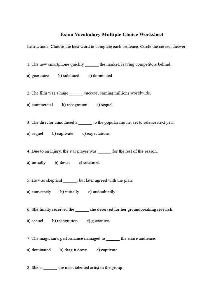 Homework-20251015Exam Vocabulary Multiple Choice Worksheet - Part3 | PDF