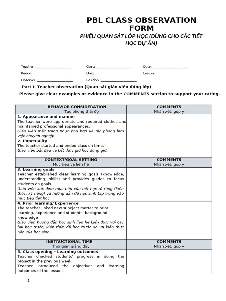 (Ever) FT - PBL Class Observation Form | PDF