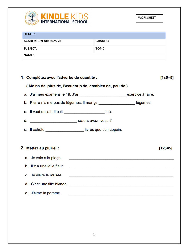 Grade 4 French SA1 Revision Worksheet | PDF