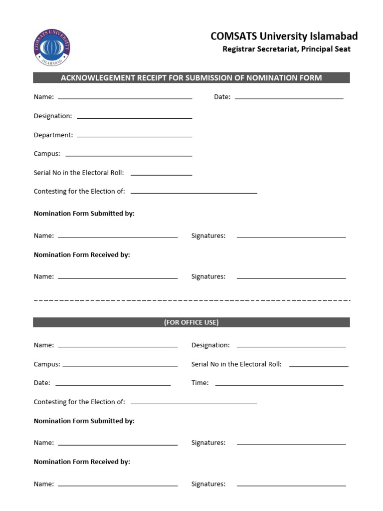 Acknowledgement Receipt For Submission of Nomination Form | PDF