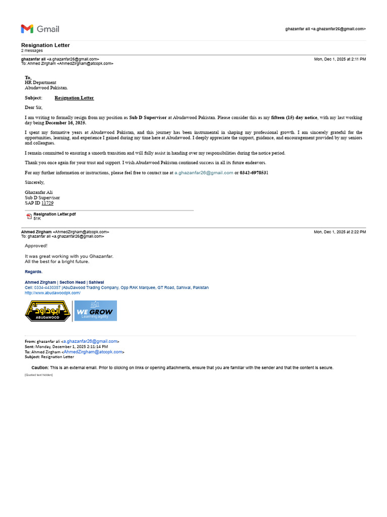 Resignation Letter from Ghazanfar Ali | PDF