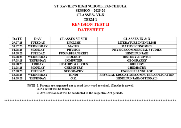 Revision Test Ii Datesheet: Classes-Vi-X | PDF