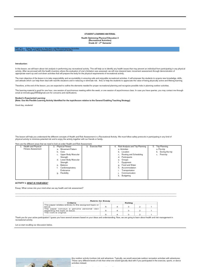 Health and Risk Assessment in Recreation | PDF | Balance (Ability ...