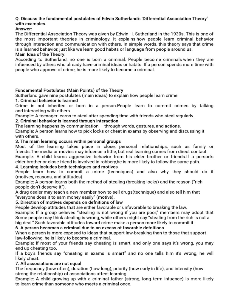 Sutherland's Differential Association Theory Explained | PDF | Crimes ...