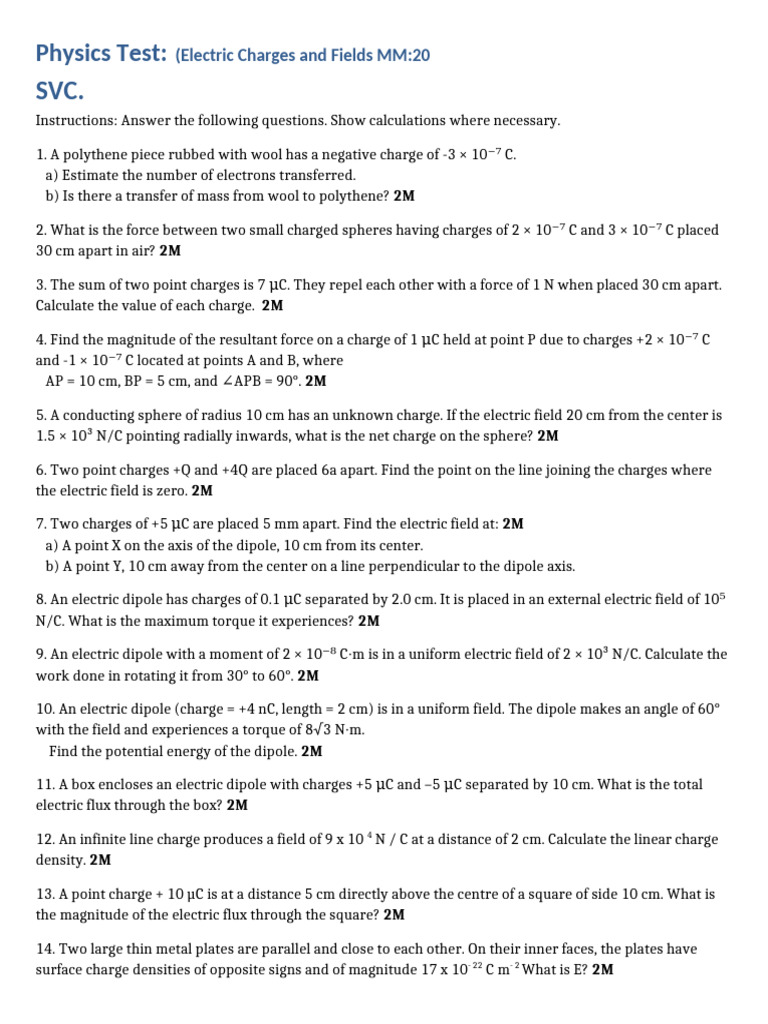 Physics Test Electrostatics | PDF | Electric Field | Physical Phenomena