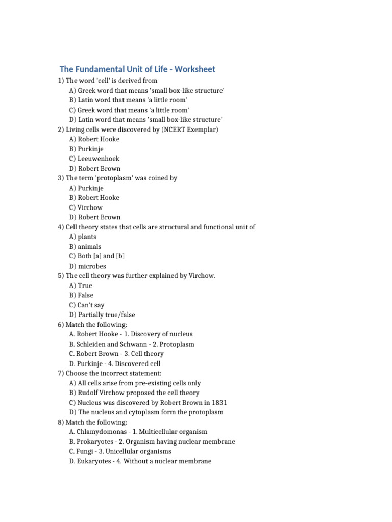 The Fundamental Unit of Life Worksheet | PDF | Cell (Biology ...