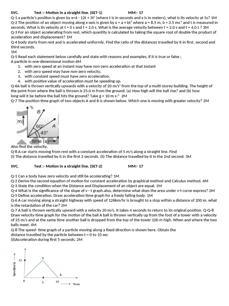 Motion A Straight Line Test (Set A and Set B) | PDF | Acceleration ...