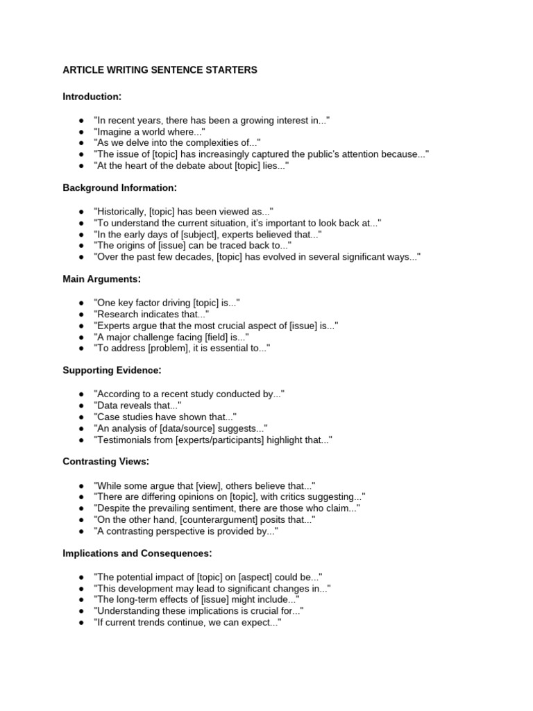 Article Writing Sentence Starters | PDF