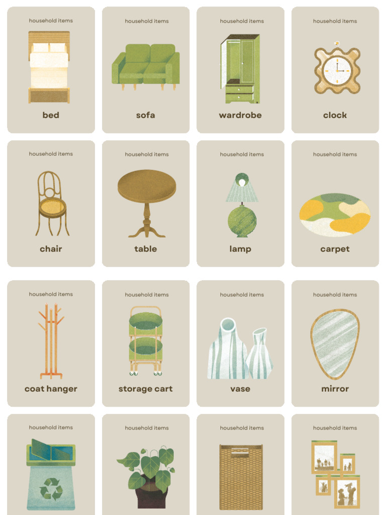 Household Items Flashcards in Green Geometric Style | PDF