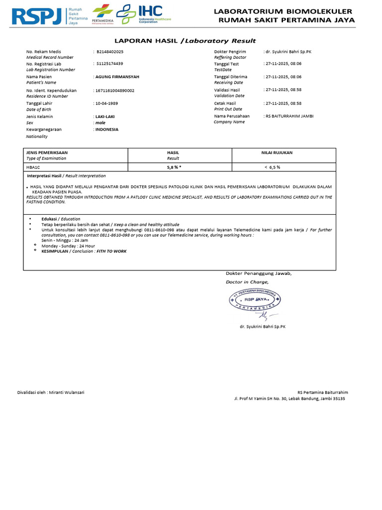 Hasil Pemeriksaan HBA1C Pasien Agung | PDF