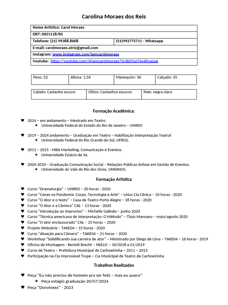 Cv Carol Moraes | PDF | Ator