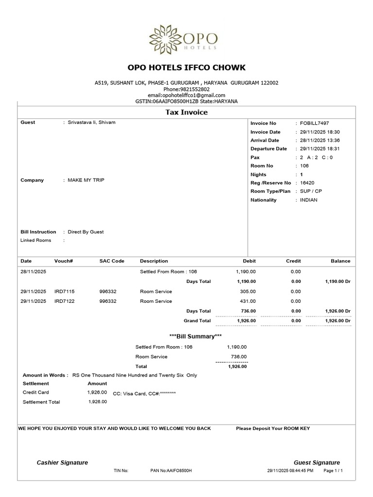 Opo Hotels Iffco Chowk: Tax Invoice | PDF | Financial Technology ...
